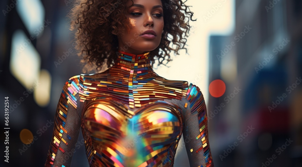 A captivating woman struts confidently through the bustling city ...