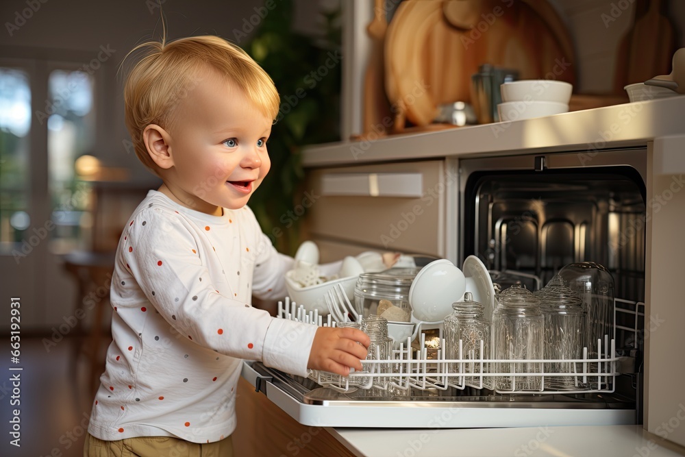 Cute boy child having fun doing the dishes, washing dishes, loading the ...