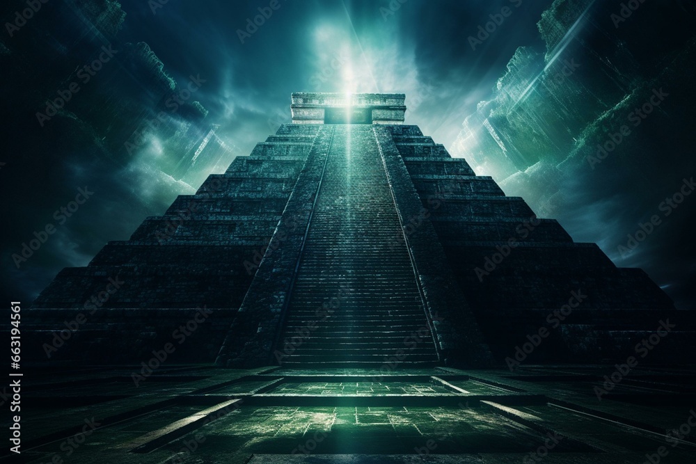 A hidden Chichen Itza pyramid interior with natural light pouring ...