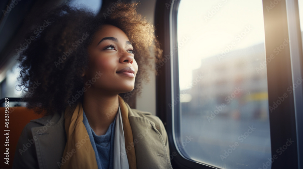 Fototapeta Pensive young African American woman, happily gazing out the ... Fototapeta Pensive young African American woman, happily gazing out the ...