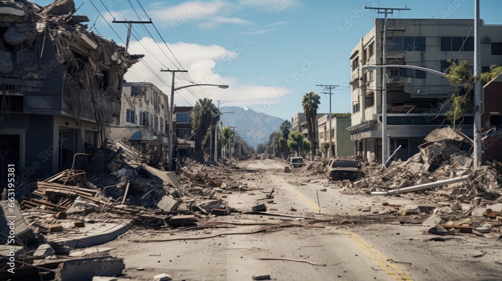 The devastating aftermath of an earthquake is evident, with buildings ...