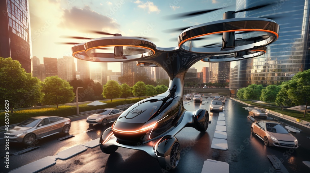A futuristic concept of EVTOL (Electric Vertical Take-Off and Landing ...