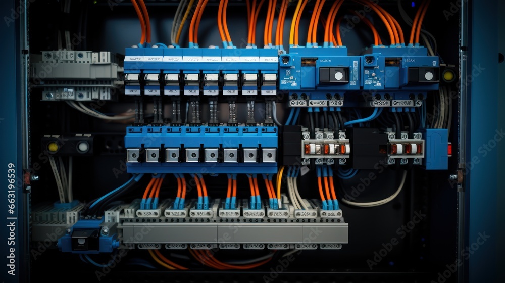 A close-up view reveals an electrical panel, with fuses and contactors ...