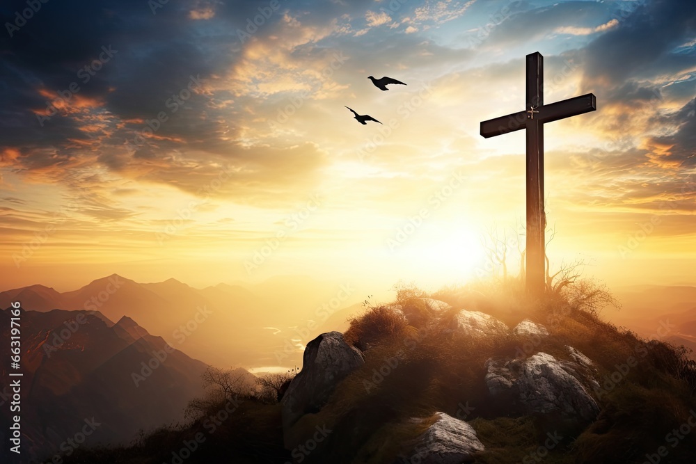 Symbol of faith. Silhouette cross at sunset. Holy resurrection. Easter ...