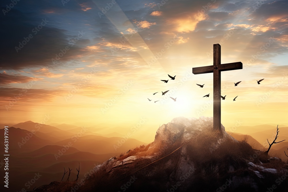 Symbol of faith. Silhouette cross at sunset. Holy resurrection. Easter ...