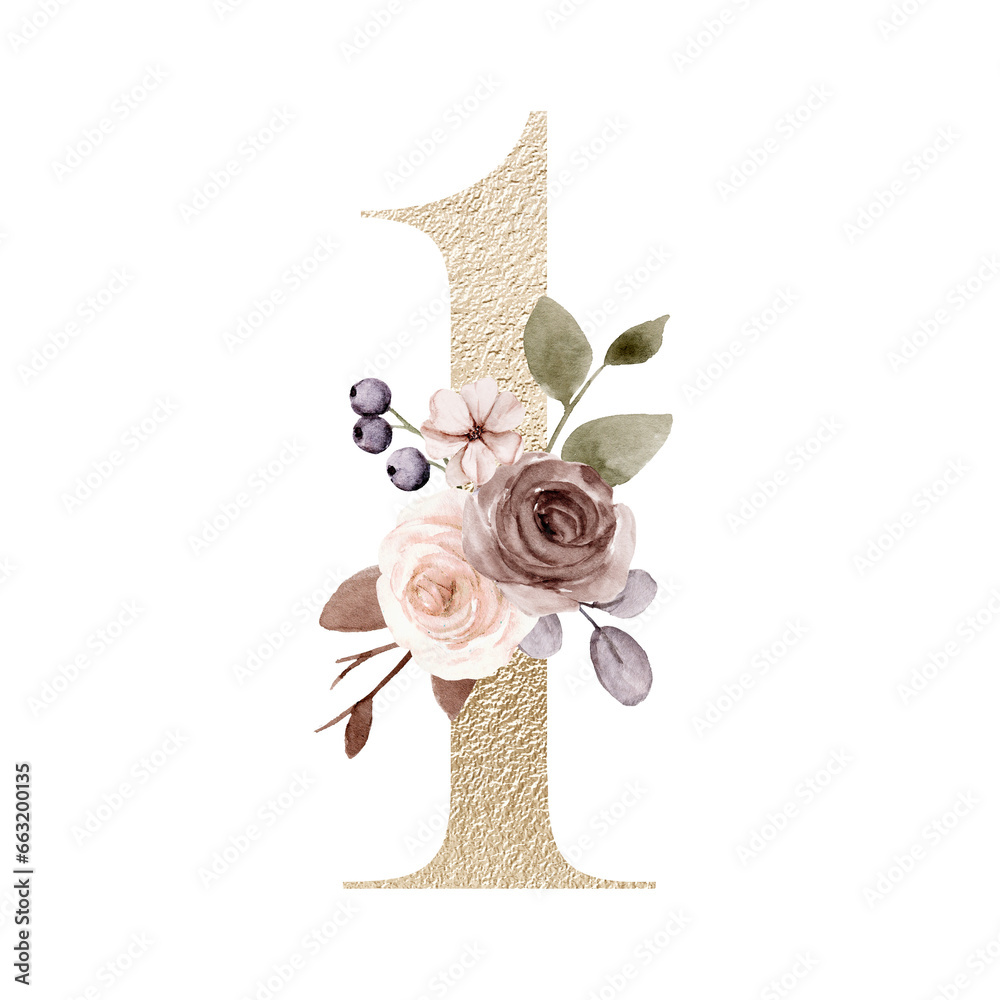 Number 1, one with watercolor flowers hand painting. Perfectly for ...