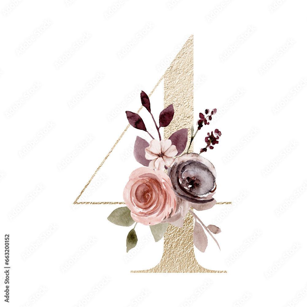 Number 4, four with watercolor flowers hand painting. Perfectly for ...