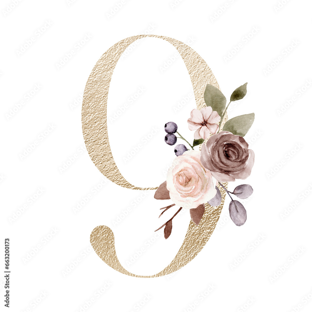 Number 9, nine with watercolor flowers hand painting. Perfectly for ...