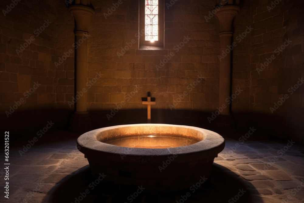 baptismal font made of stone illuminated by daylight Stock Photo ...