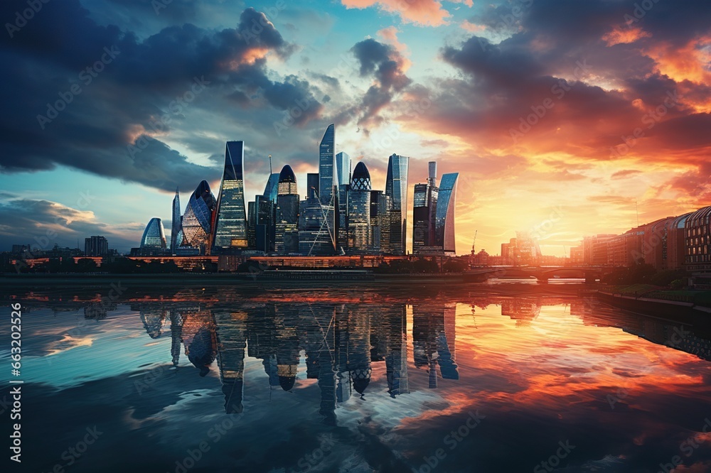 Abstract city skyline with modern high rise buildings skyscrapers ...