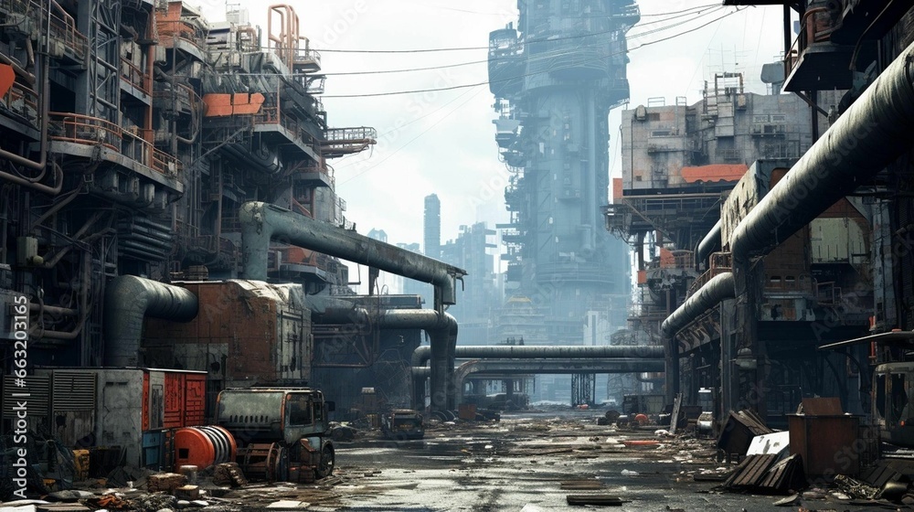 AI generated illustration of a large industrial facility with metal ...