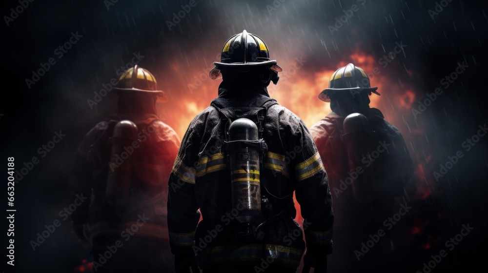 Firemans wearing firefighter turnouts and helmet. Dark background with ...