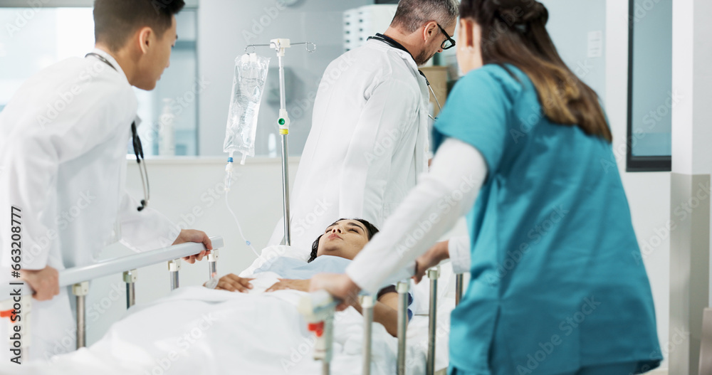 Doctors, patient and people push hospital bed, consulting and talking ...