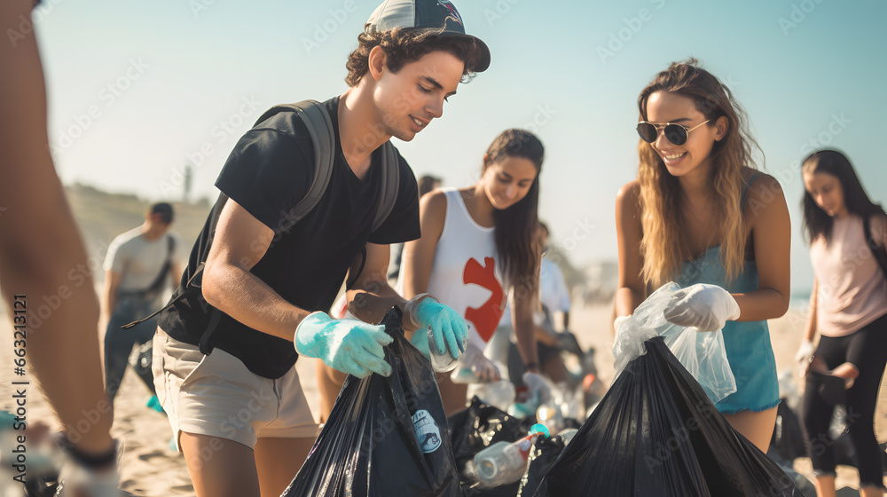 People picking up trash in garbage bags at the beach to clean ...