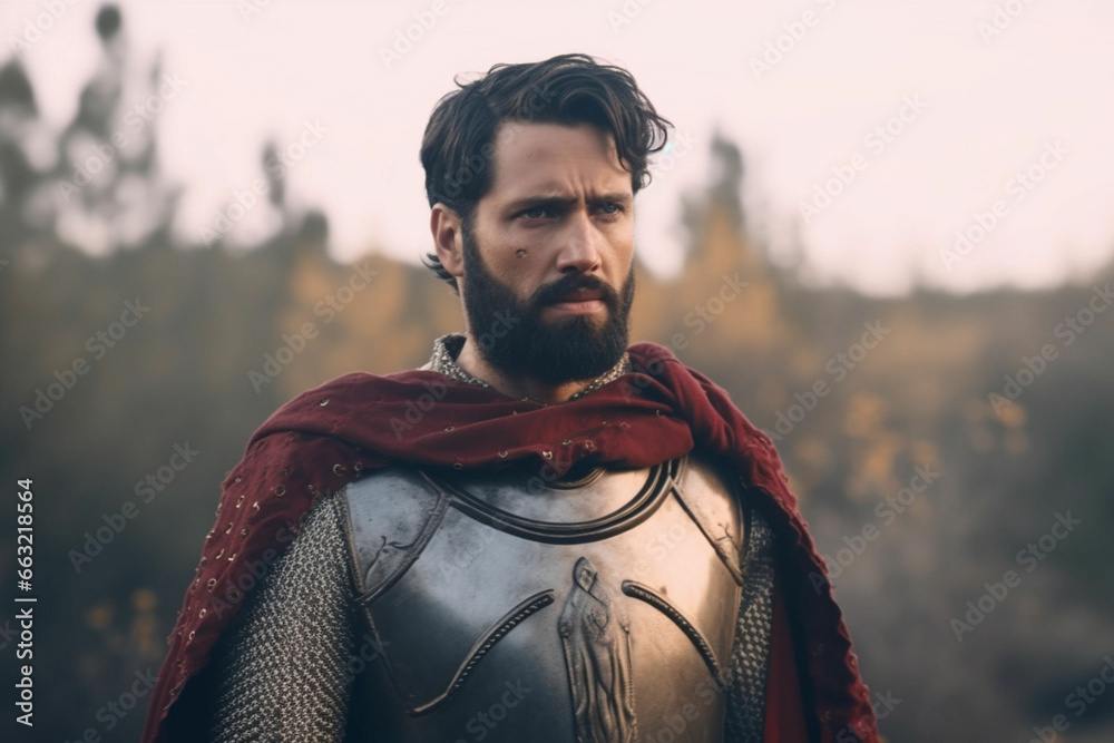 Handsome Medieval Knight King on Battlefield, Looking at Camera ...