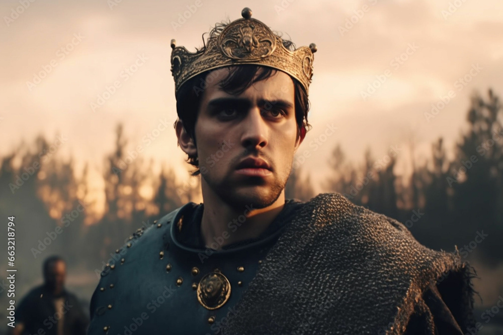 Handsome Medieval Knight King on Battlefield, Looking at Camera ...