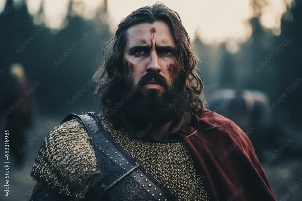 Handsome Medieval Knight King on Battlefield, Looking at Camera ...