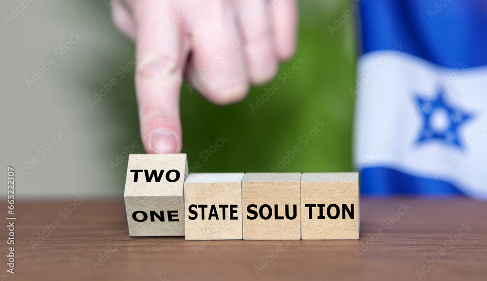 Hand turns cubes and changes the expression 'one state solution' to ... Hand turns cubes and changes the expression 'one state solution' to ...