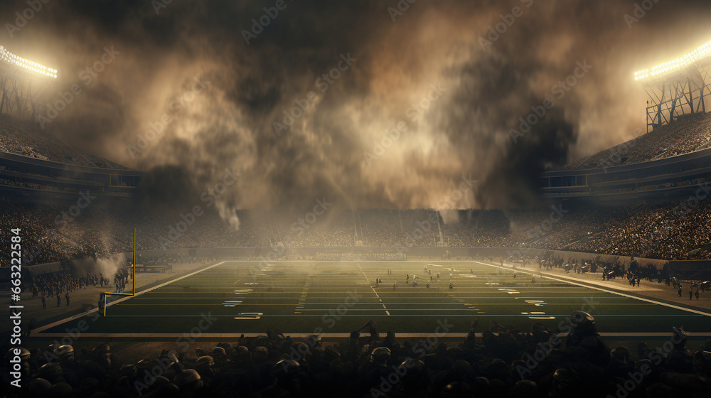 The American football stadium field, enveloped in a shroud of smoke ...