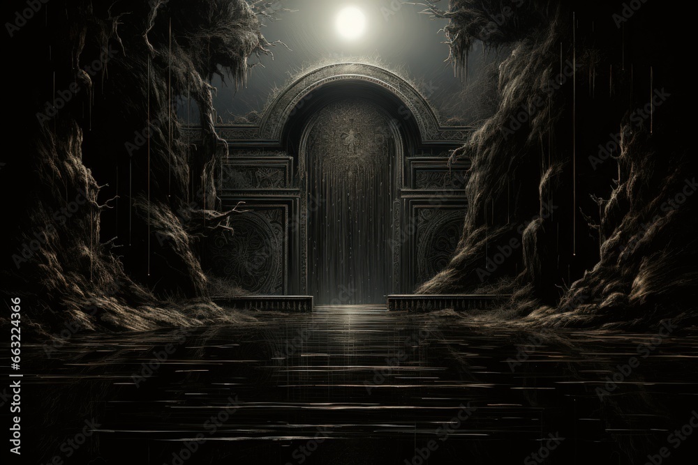 Enigmatic shadow gates, portals to realms shrouded in darkness and ...