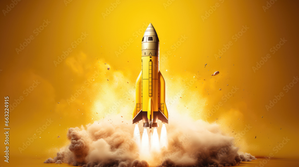 Rocket launching with dynamic explosion on vibrant yellow background ...