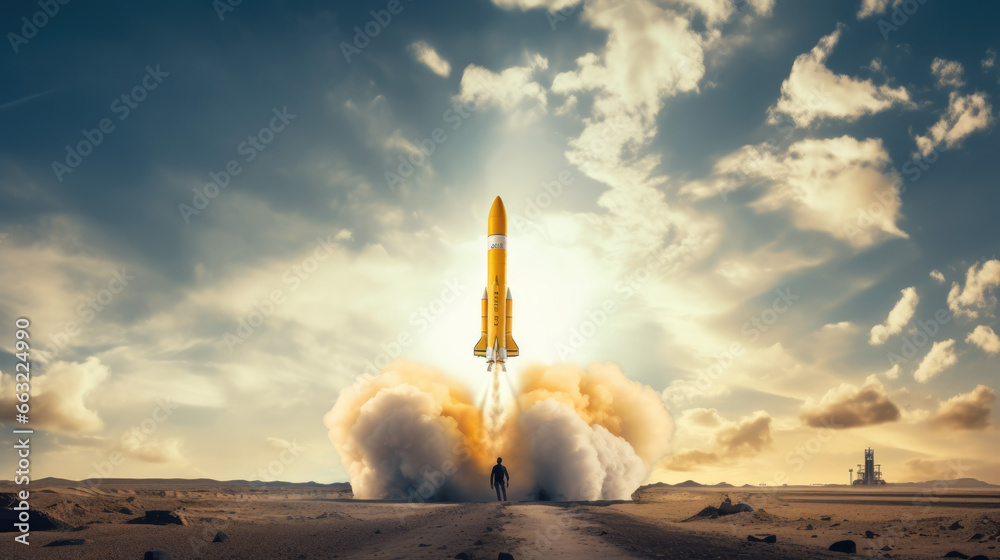 Dramatic rocket launch with observer silhouette: Space exploration ...