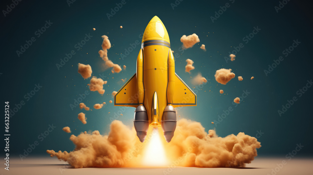 Dynamic yellow rocket launching with vibrant flame and floating debris ...