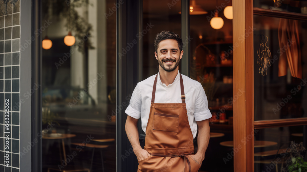 Cheerful male barista in brown apron standing outside a modern cafe ...