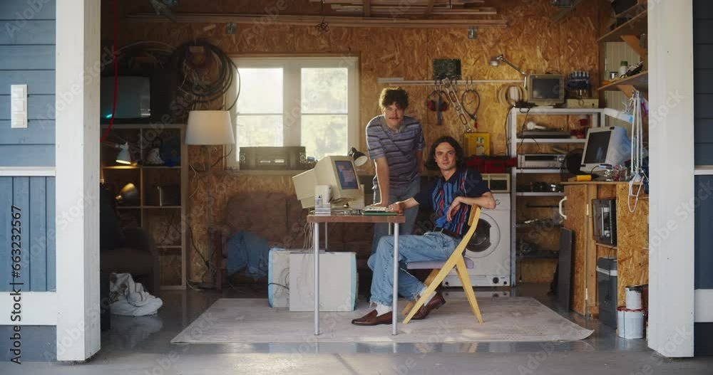 Two Caucasian Male Startup Founders Using Old Desktop Computer In Retro ...