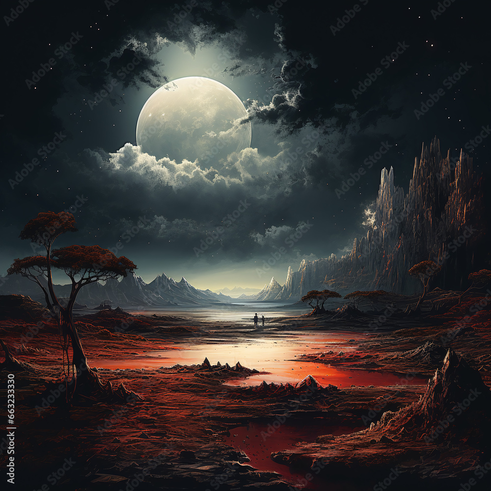 Fantasy Land with Big Bright Moon - Moon in sky at night background ...