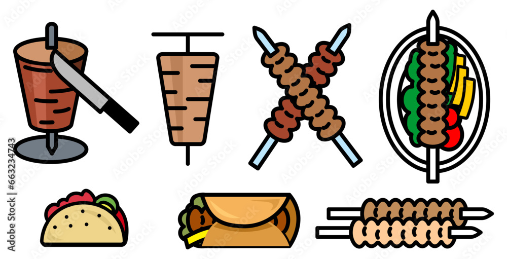 Doner kebab, shish kebab, wraps and tacos icons. Line art style ...