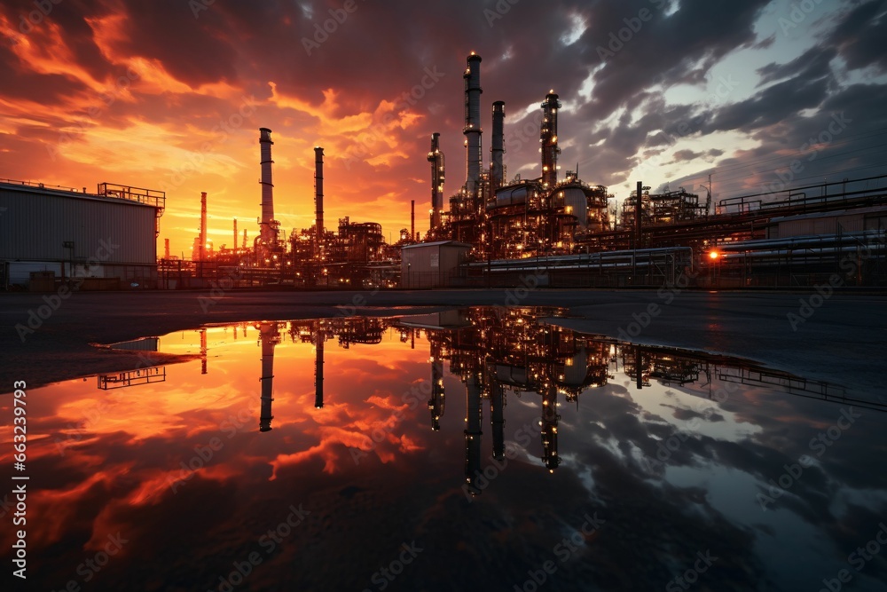 an oil refinery against a backdrop of a fiery sunset, with reflection ...