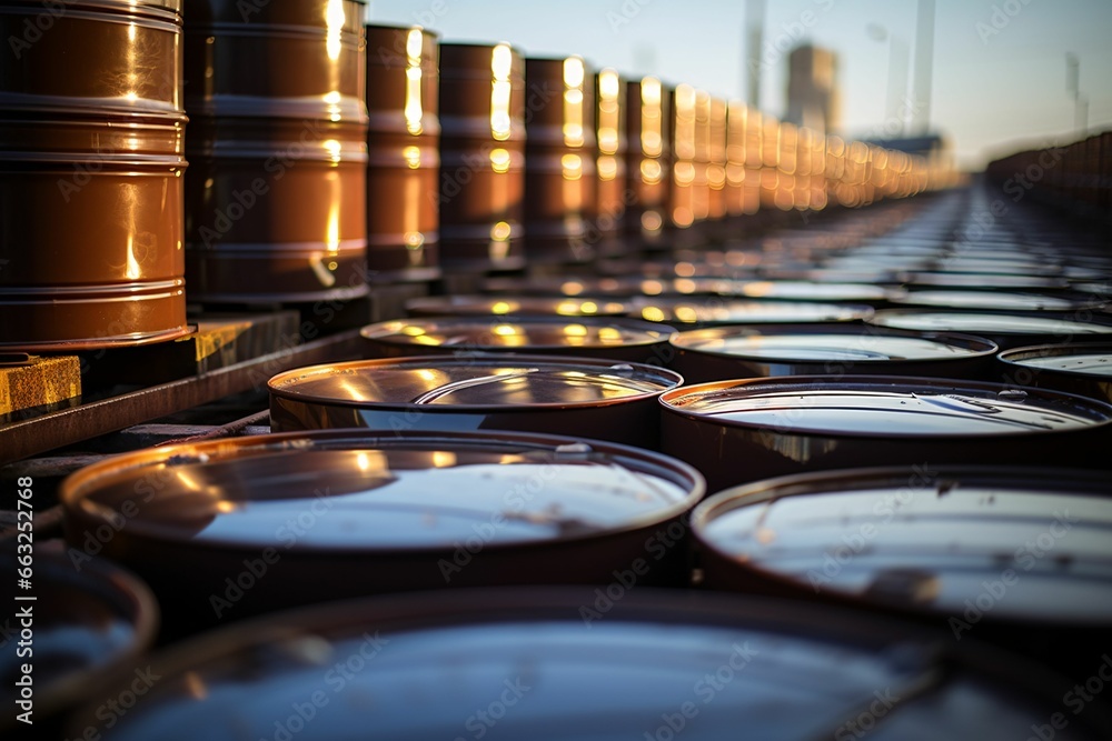 several barrels of crude oil arranged in a staggered line, the closest ...