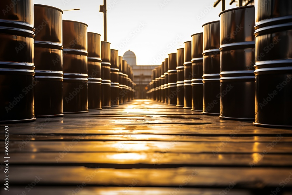 several barrels of crude oil arranged in a staggered line, the closest ...