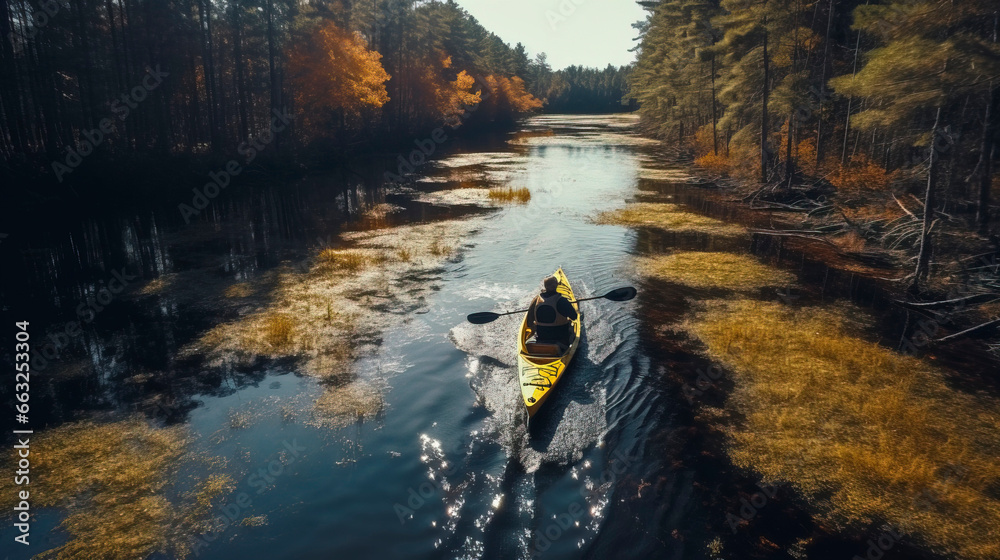 Persona de espaldas difrutando de su Kayak en un rio tranquilo en otoño ...