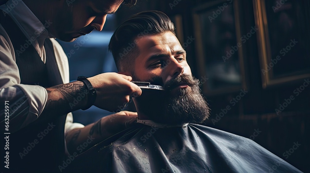Barber artfully trims a gentleman's beard and mustache, crafting a well ...