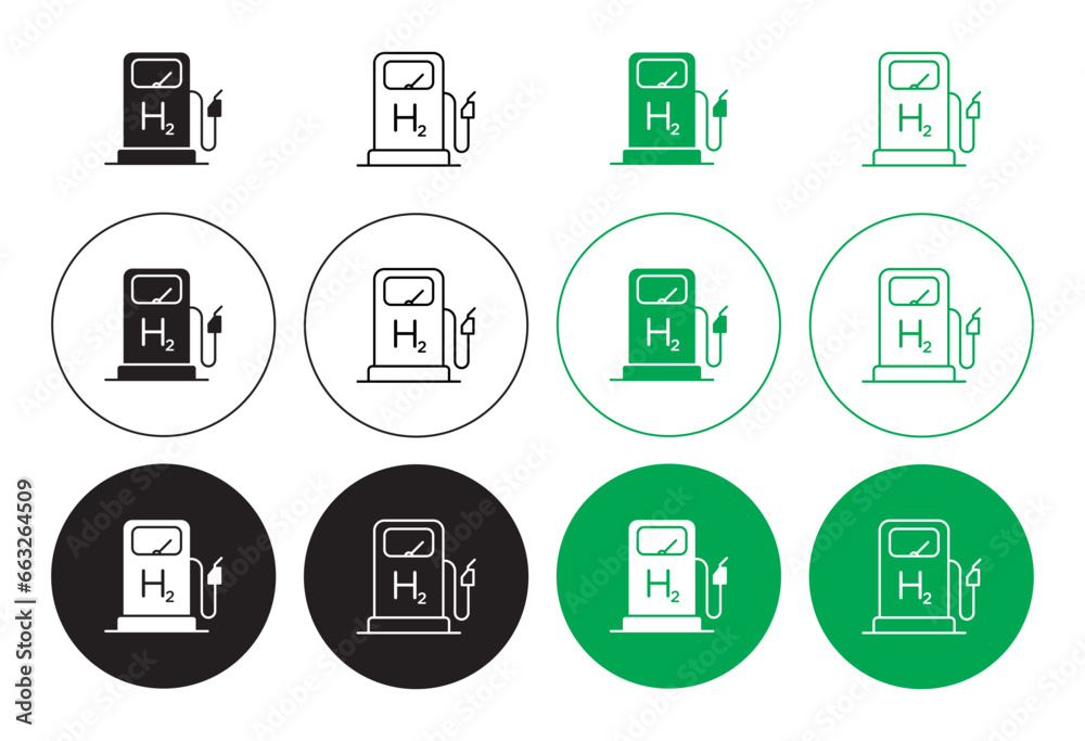 Hydrogen fuel pump line icon set. Car h2 green gas station icon in ...
