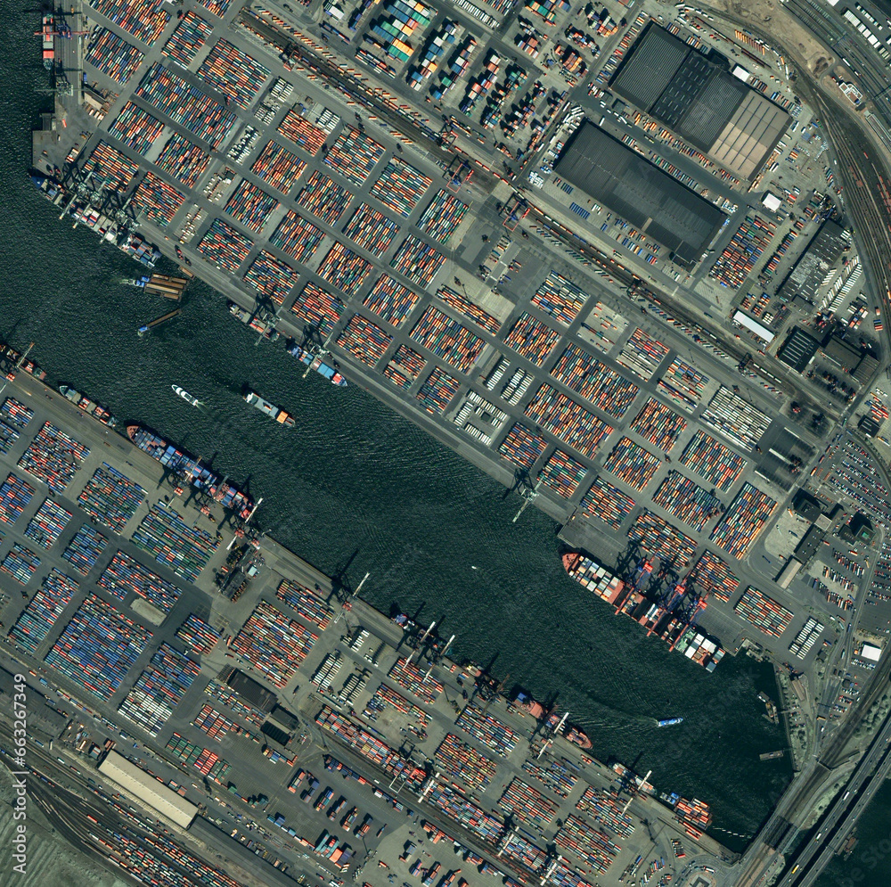 City, harbor and aerial of ship in dock for landscape, environment and ...