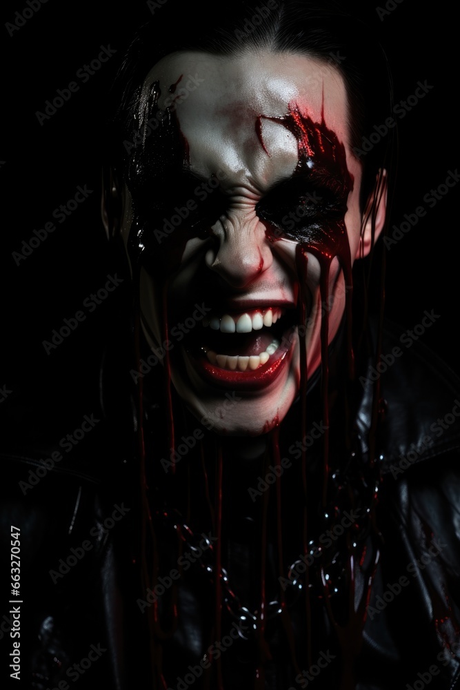 Evil man with pale skin and sinister laugh. Bloody face. Assassin ...