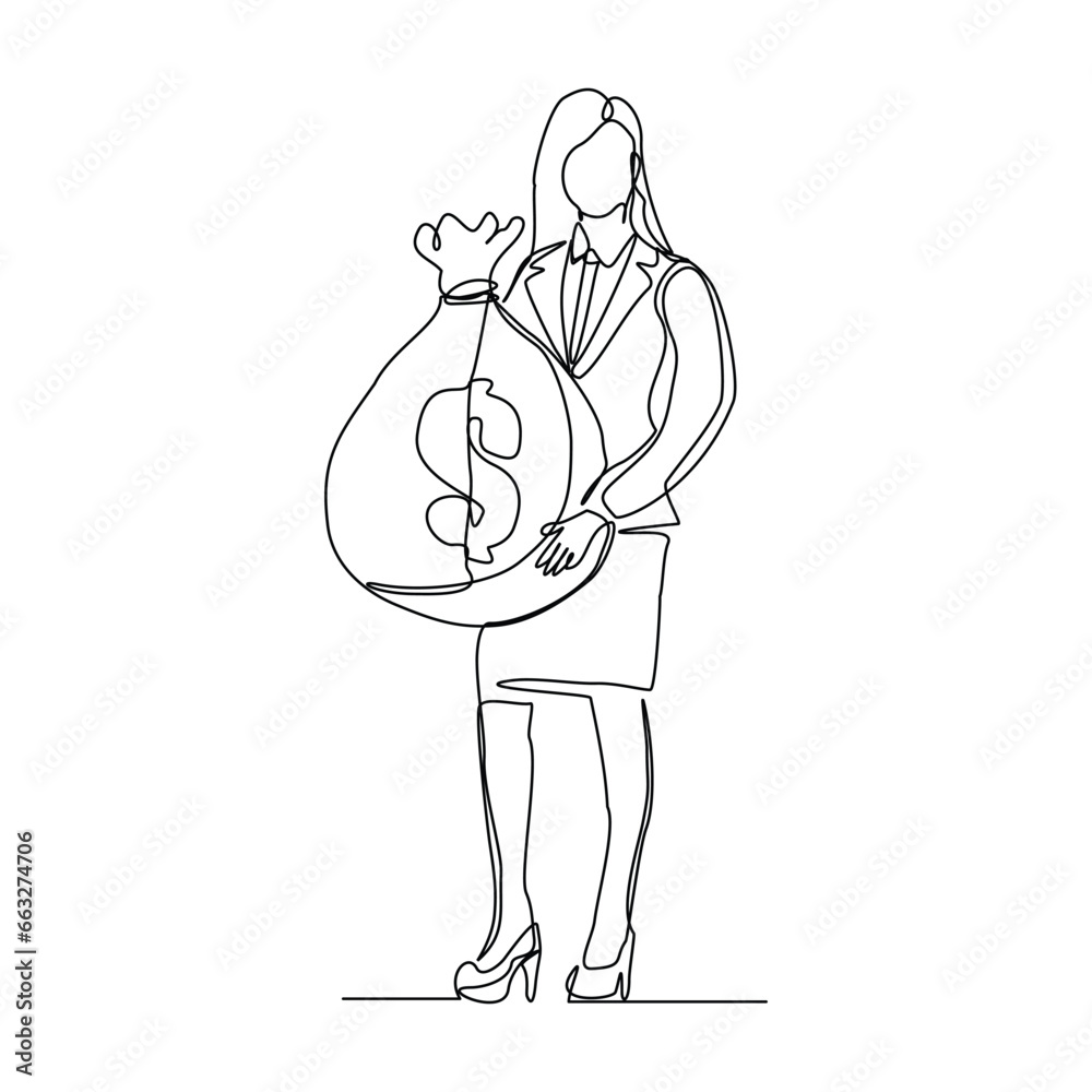 Continuous single line sketch drawing art of business woman with big ...