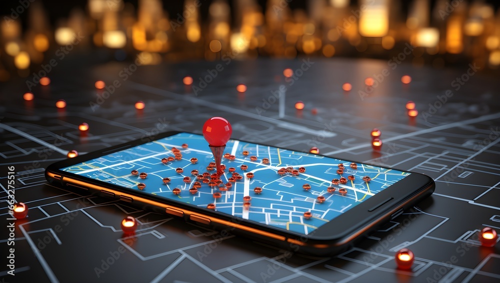 A smartphone displaying a detailed city map, marked with pins to ...