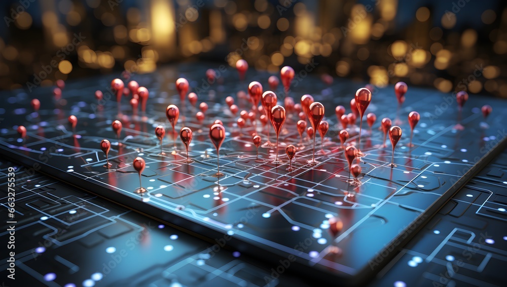 A smartphone displaying a detailed city map, marked with pins to ...
