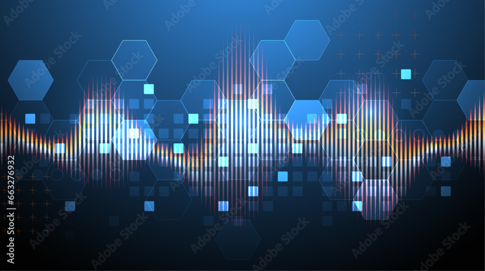 Sound wave with glowing hexagones. Dynamic vibration wallpaper ...