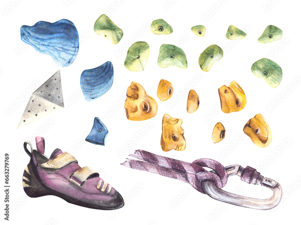 Climbing, bouldering sport equipment set. Shoe, different stones, grips ...