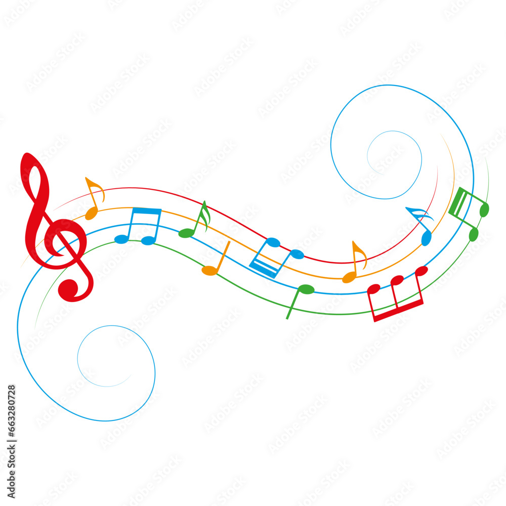 Colorful music notes with swirls, isolated on white background, vector ...