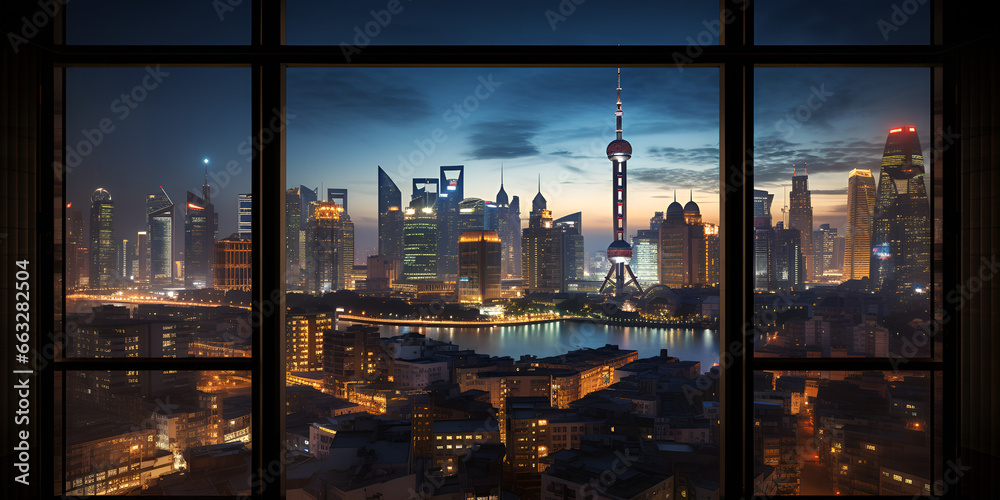 Modern empty and clean office interior with glass windows shanghai pudong city skyline ...