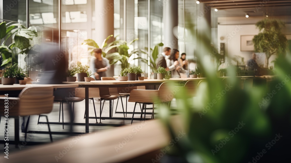 Modern office space with wooden furniture and plants in pots ...
