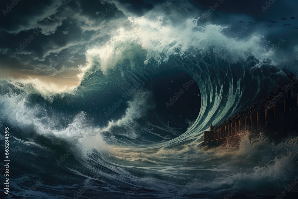 Giant Tsunami Waves Under Dark Stormy Sky, Portraying Perfect Storm ...