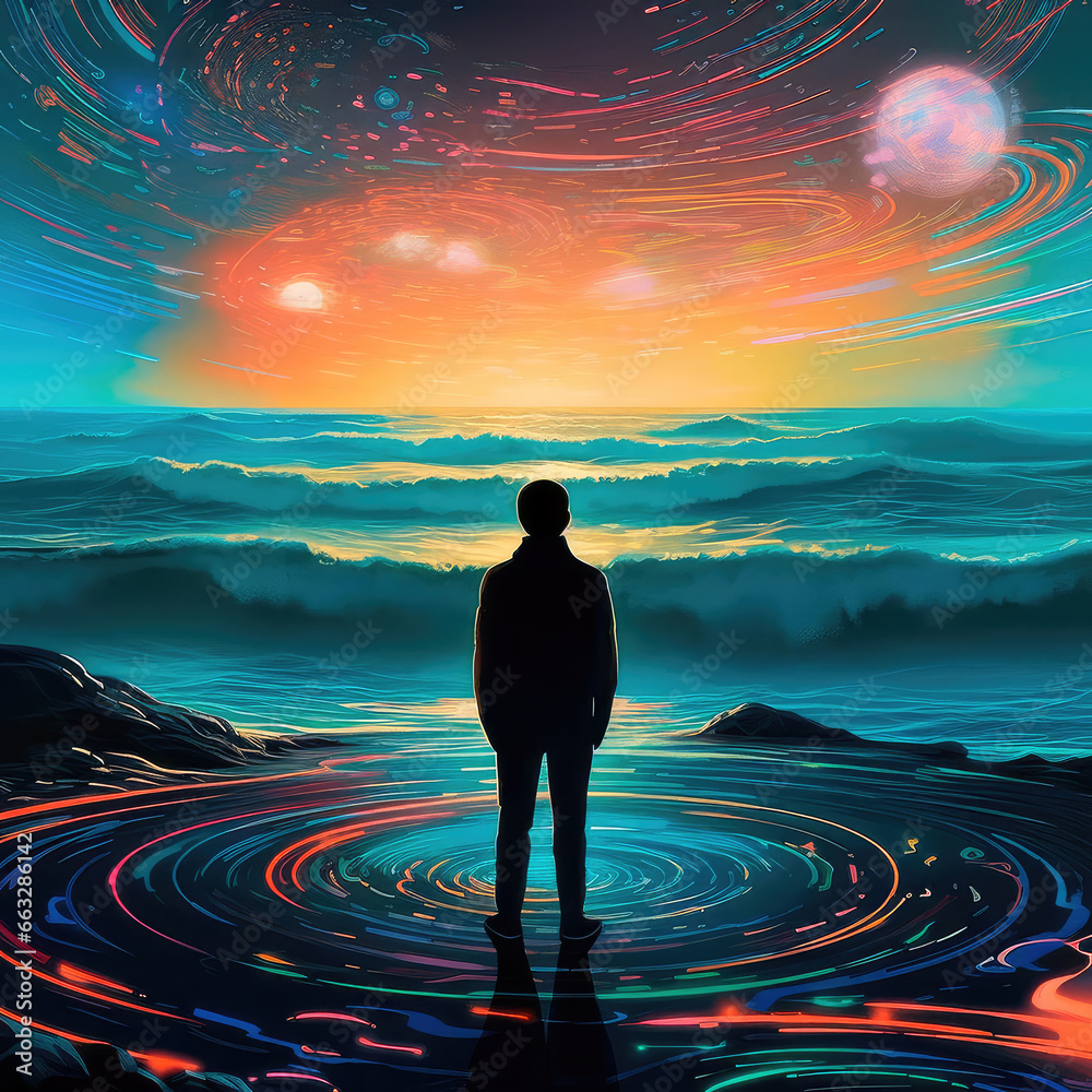 A lonely figure stands on a dark beach, peering into the vast expanses ...