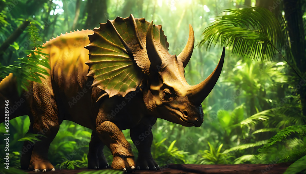 Triceratops roaming a tropical environment. green jungle, light shines ...